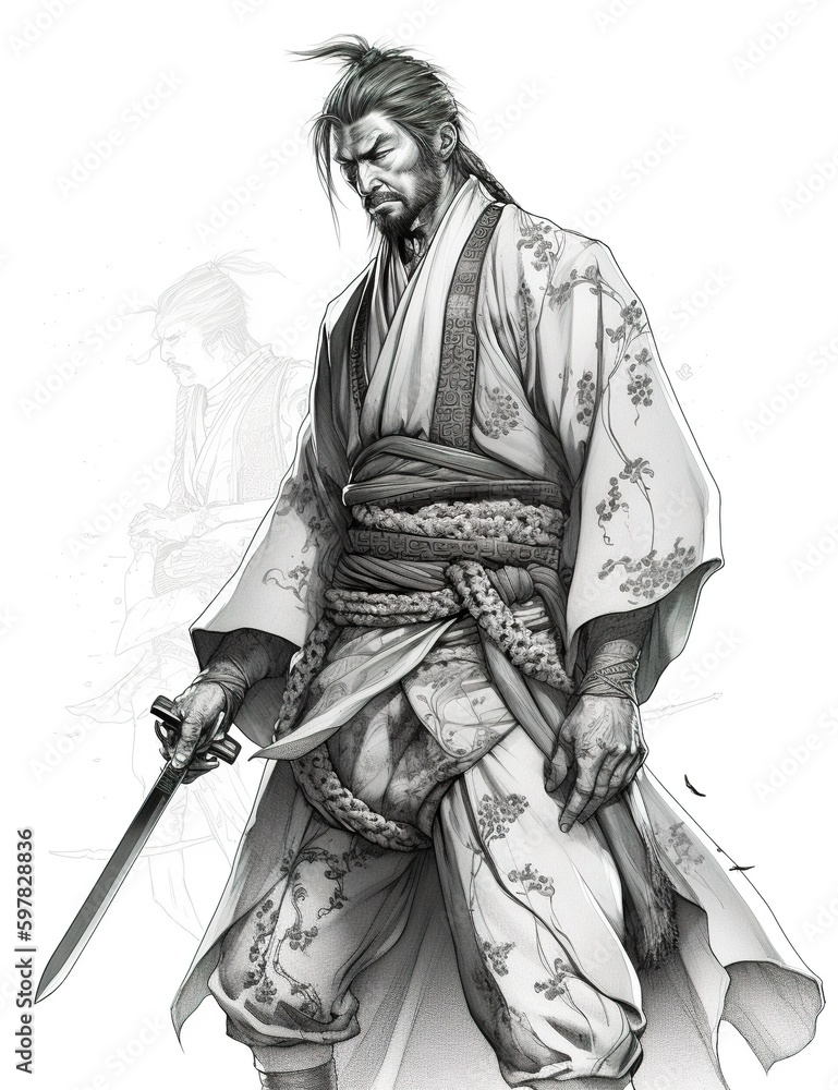 Fantasy character with Asian influences, black white illustration ...