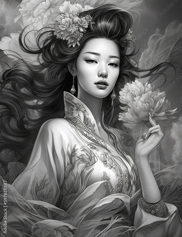 Fantasy character with Asian influences, woman with peony flowers ...