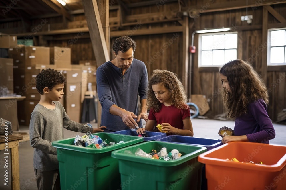 A mid-shot of a family sorting their recyclables into color-coded bins ...