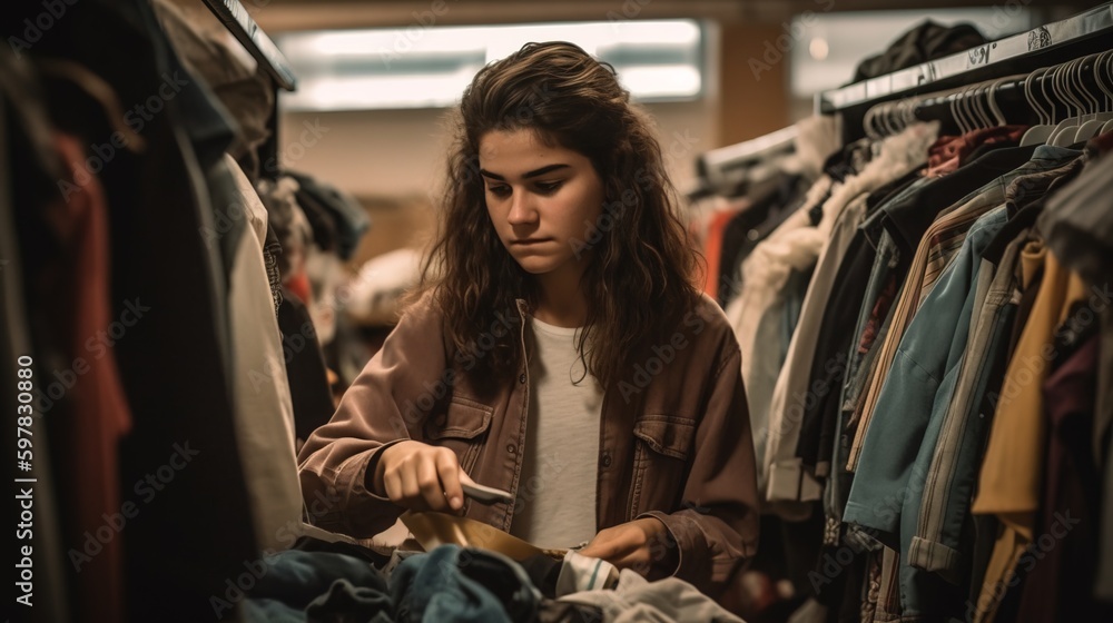 A mid-shot of a person sorting through their closet, selecting clothing ...