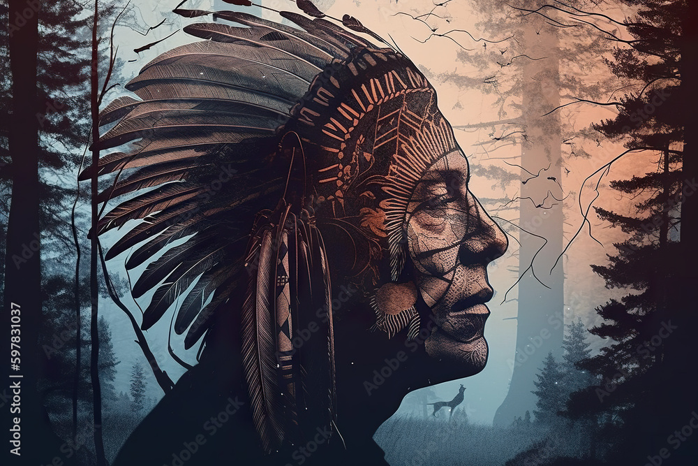 Profile of native american man, fierce warrior, double exposure with ...