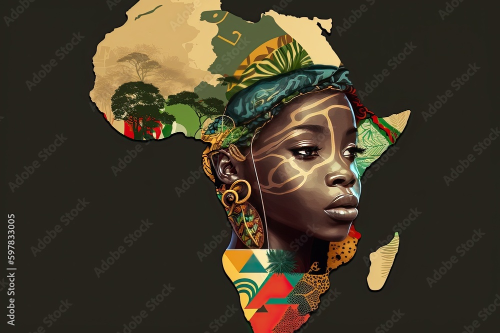Happy Africa day concept with continent map and face of girl Stock ...
