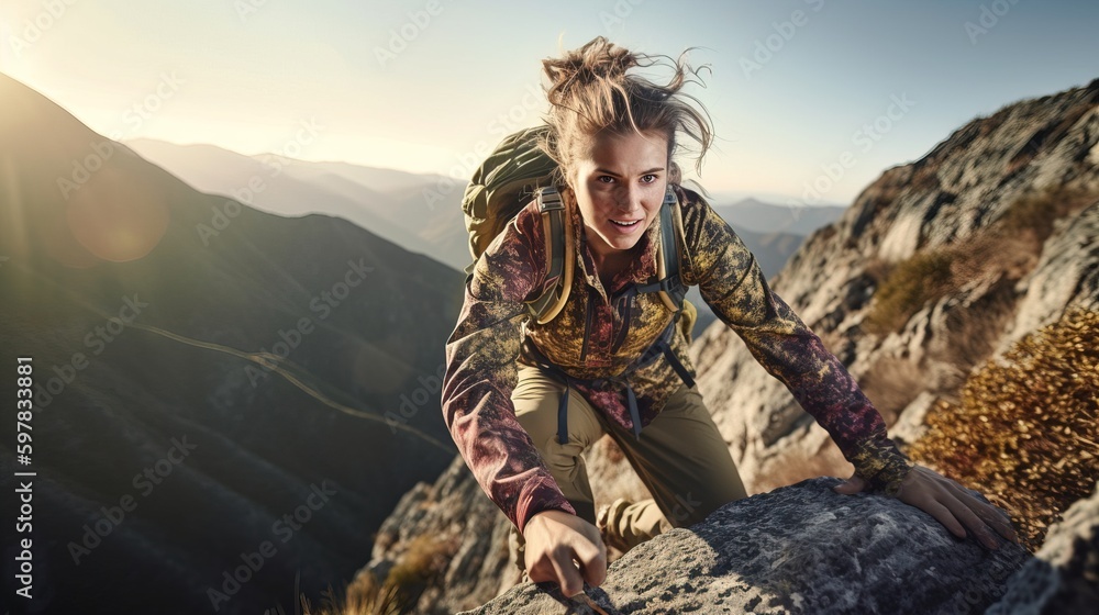 An experienced female rock climber with a lighter skin tone ascends a ...