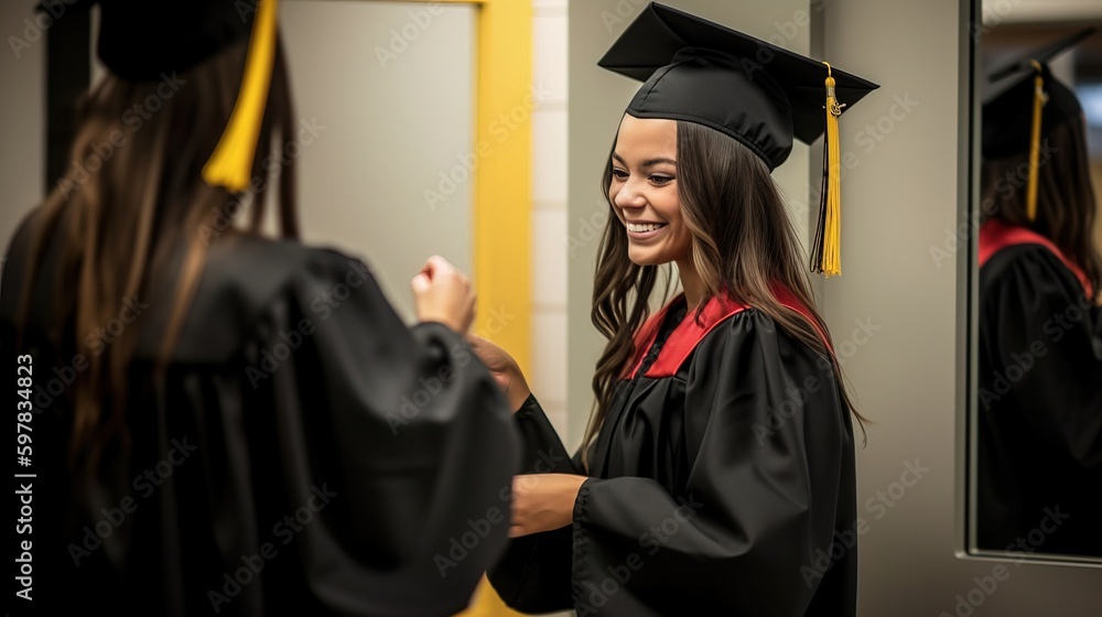 A graduate adjusting their cap and gown in front of a mirror, ensuring ...