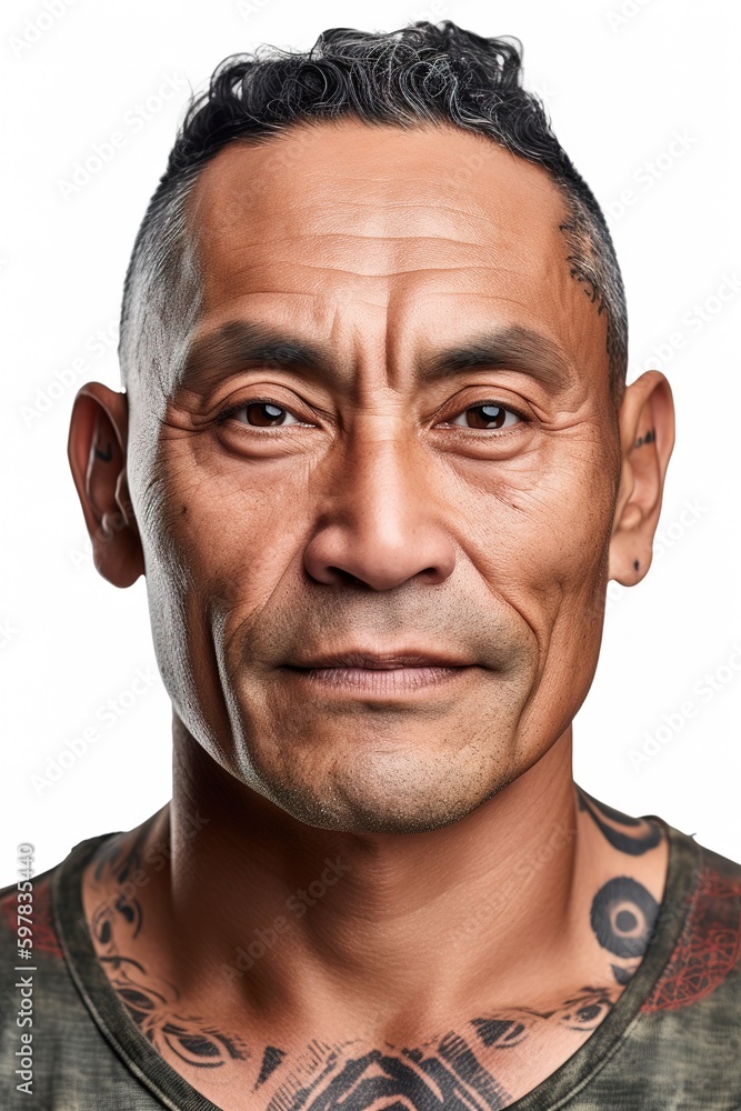 Mature Maori man head shot portrait, white background studio shot ...