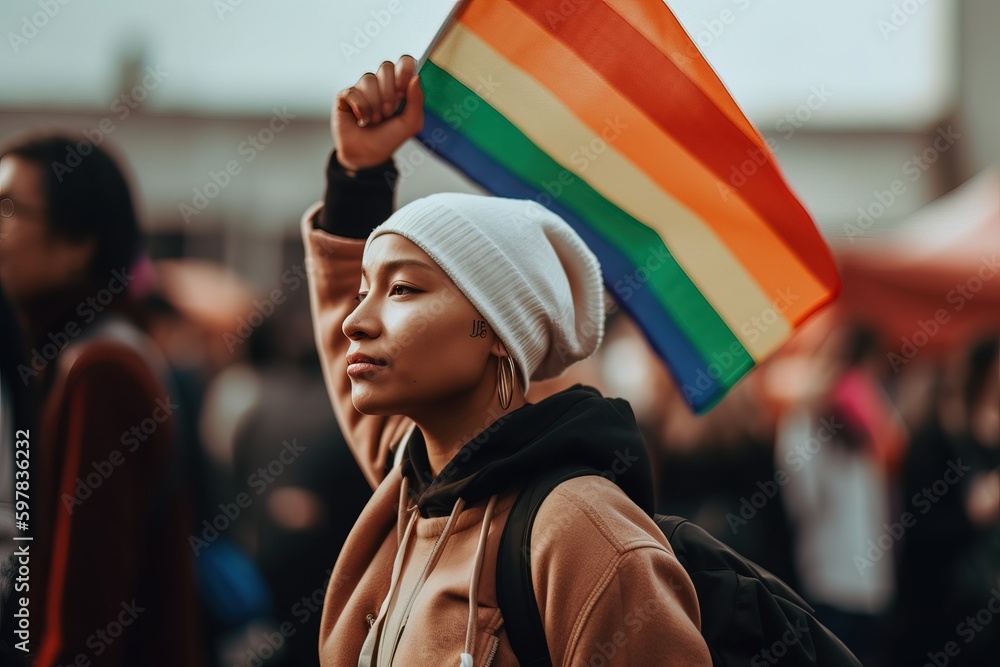 A genderqueer individual participating in a pride parade, waving a flag ...