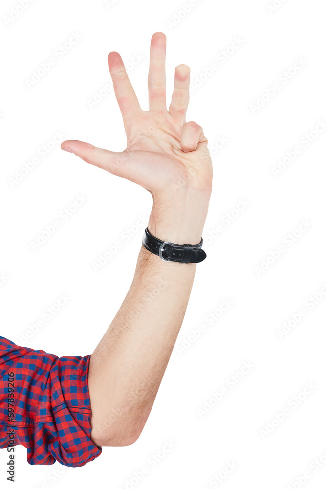 Man, hand and finger countdown for sign language, gesture or signal ...
