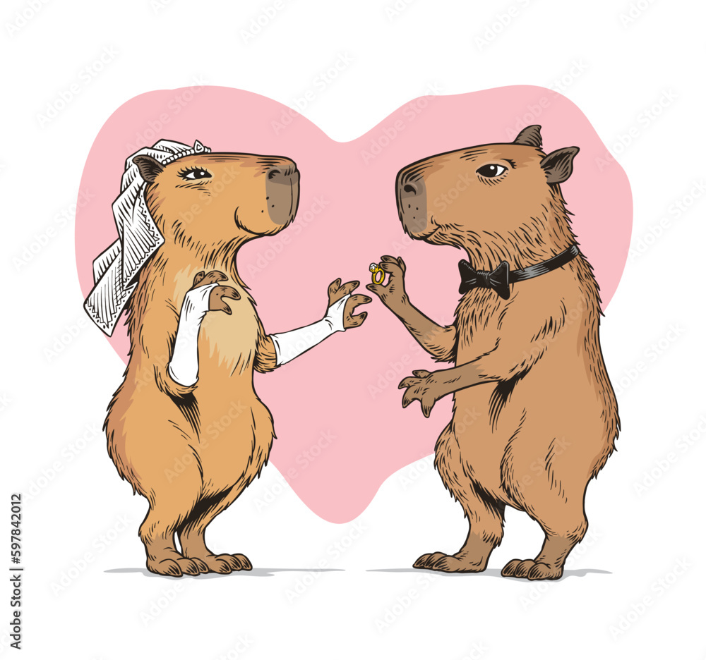 Cute capybaras couple, bride and groom with wedding clothes, ring and ...