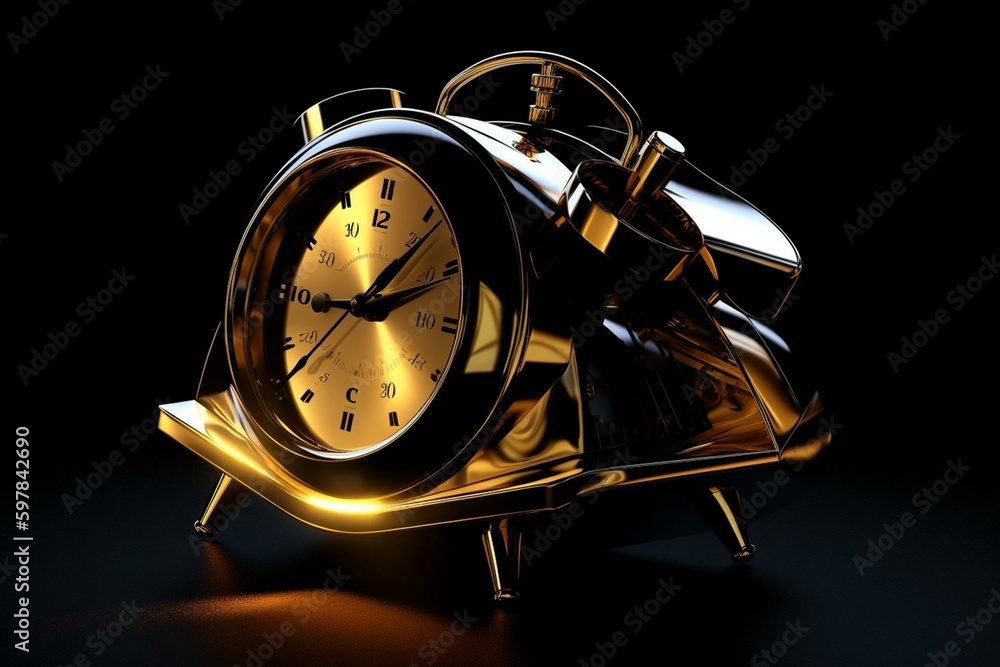 A 3D retro alarm clock with a golden arrow on a black background and ...