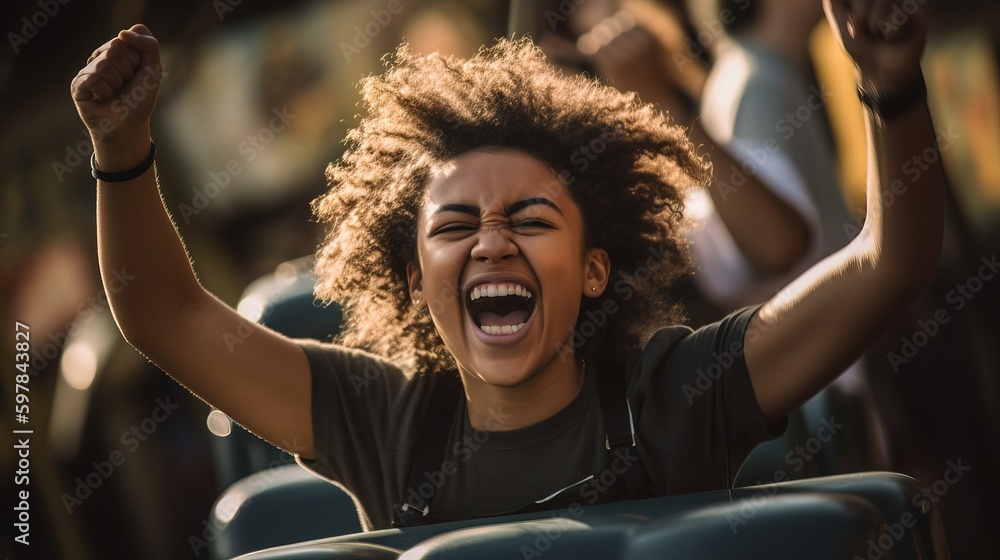 A thrilling photograph of a young black kid enjoying a roller coaster ...