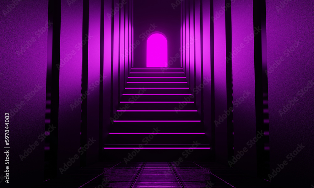 Pink futuristic neon cyberpunk stairs in door. 3d render Stock ...