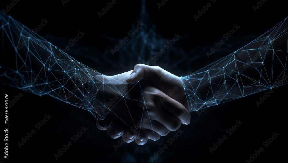 Metaverse virtual handshake concept. Two people are shaking hands in ...