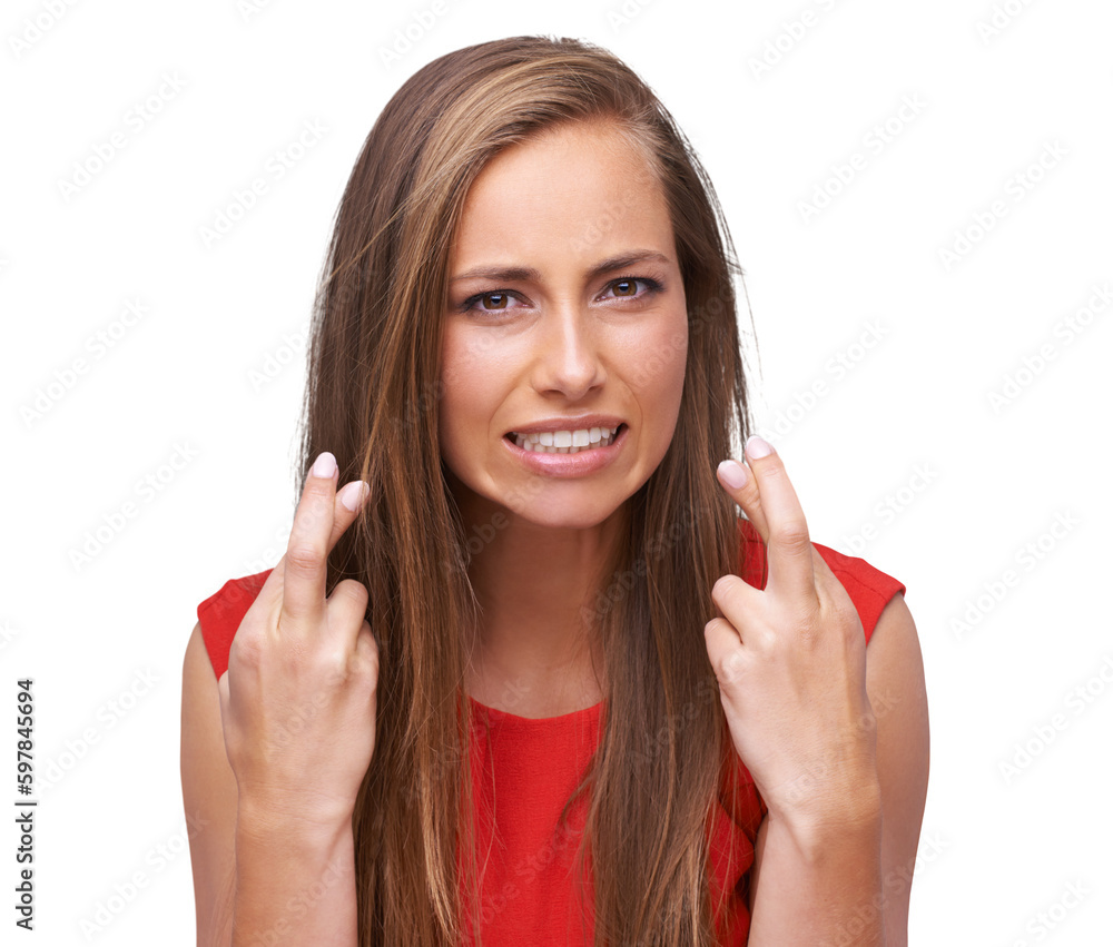 Wish, stress, and isolated woman with fingers crossed or portrait, hope ...