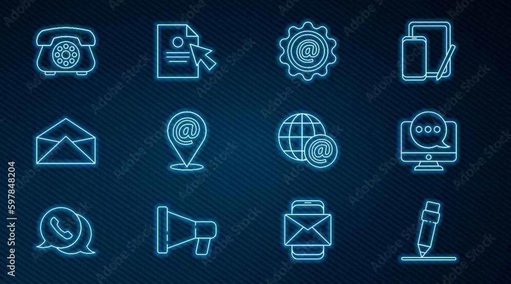 Set line Pencil with eraser, Chat messages notification on monitor, Mail and e-mail, Location ...