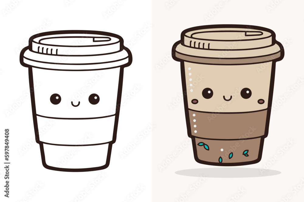 Vetor De Coffee Cup Logo Cute Coffee Cup Cartoon Line Art Colorful Vector Illustration Coffee