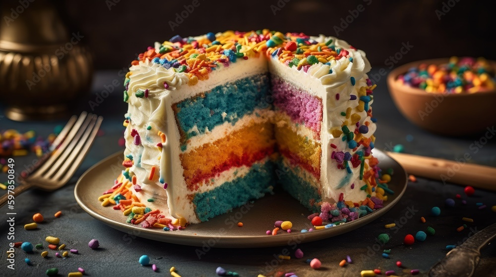 Colorful Rainbow Cake with Vanilla Buttercream Frosting and Rainbow ...