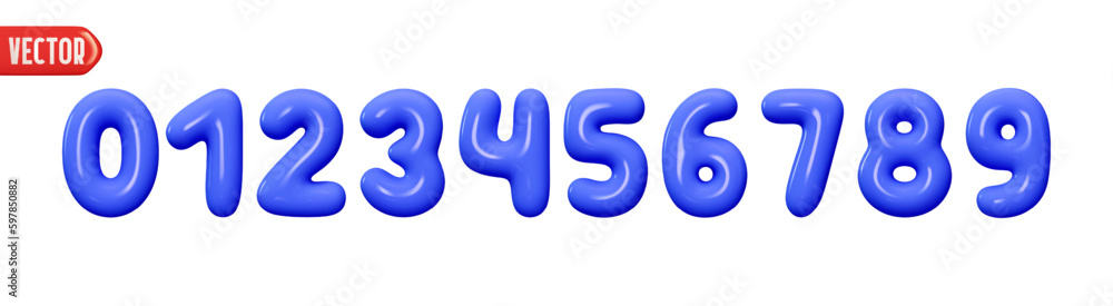 Blue numbers from 0 to 9. Collection of voluminous inflated color ...
