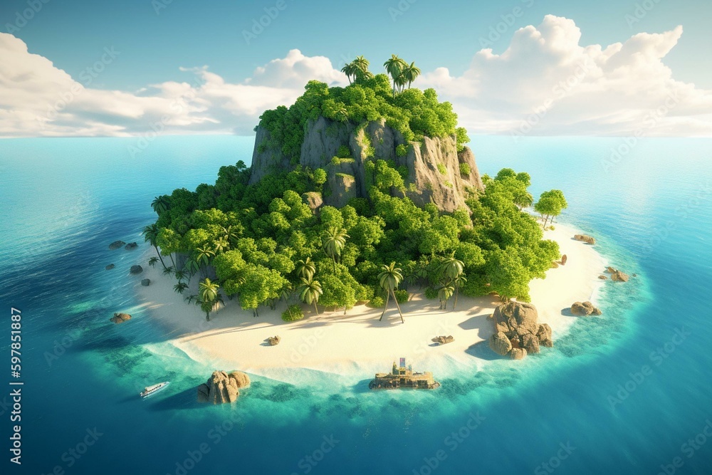 Cartoon depiction of a stunning tropical island, perfect for an idyllic ...