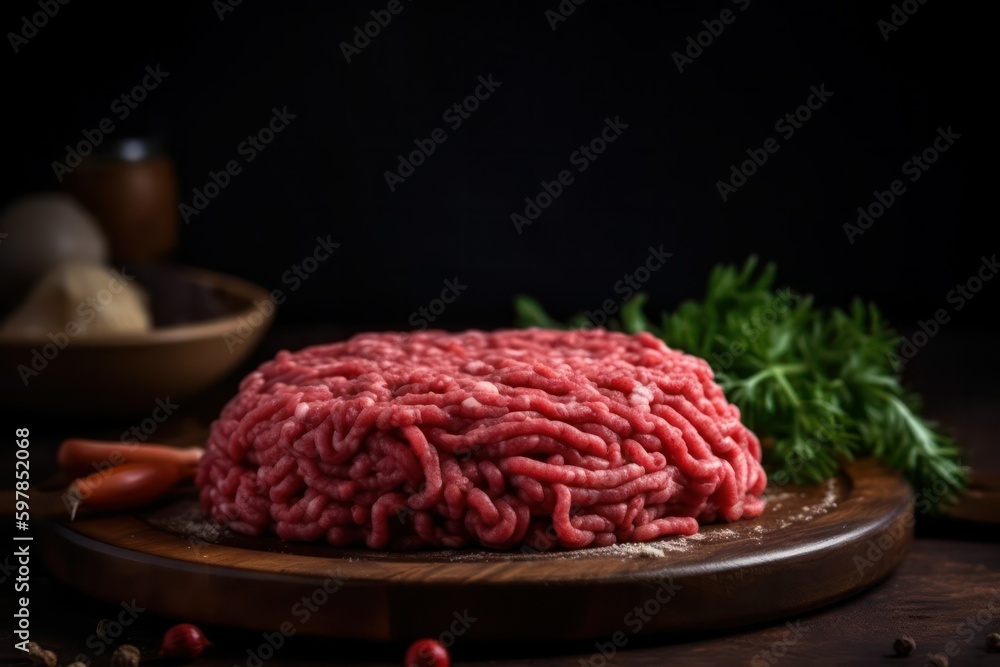 food background. Raw ground beef ready to be cooked on a wooden board ...