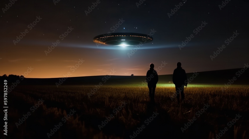 ภาพประกอบสต็อก Extraterrestrial encounter. Ufo landing a the field and ...