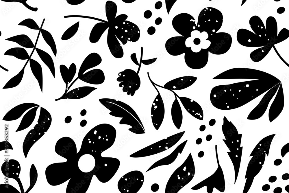Abstract natural hand drawn botanical pattern with flowers, leaves ...