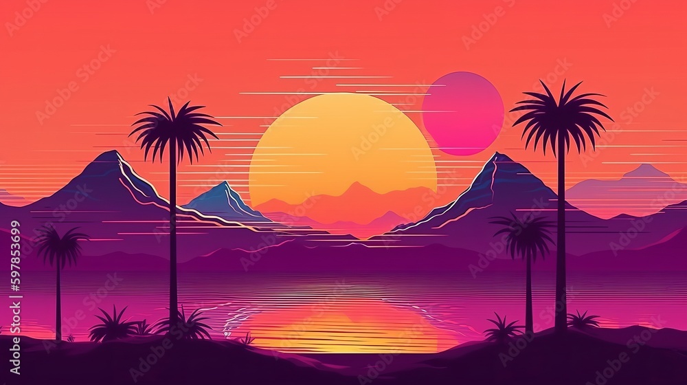Desert sunset landscape with palm trees and mountains, retro style, 80s ...