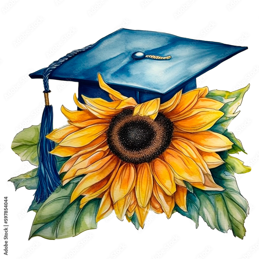 Graduation cap with sunflower watercolor AI generative illustration ...
