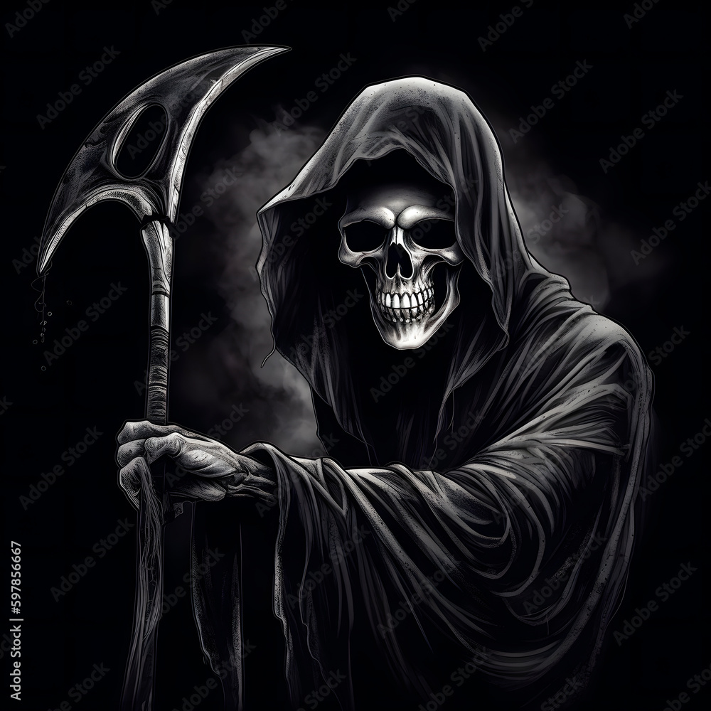 Grim reaper reaching towards the camera over dark, misty background ...