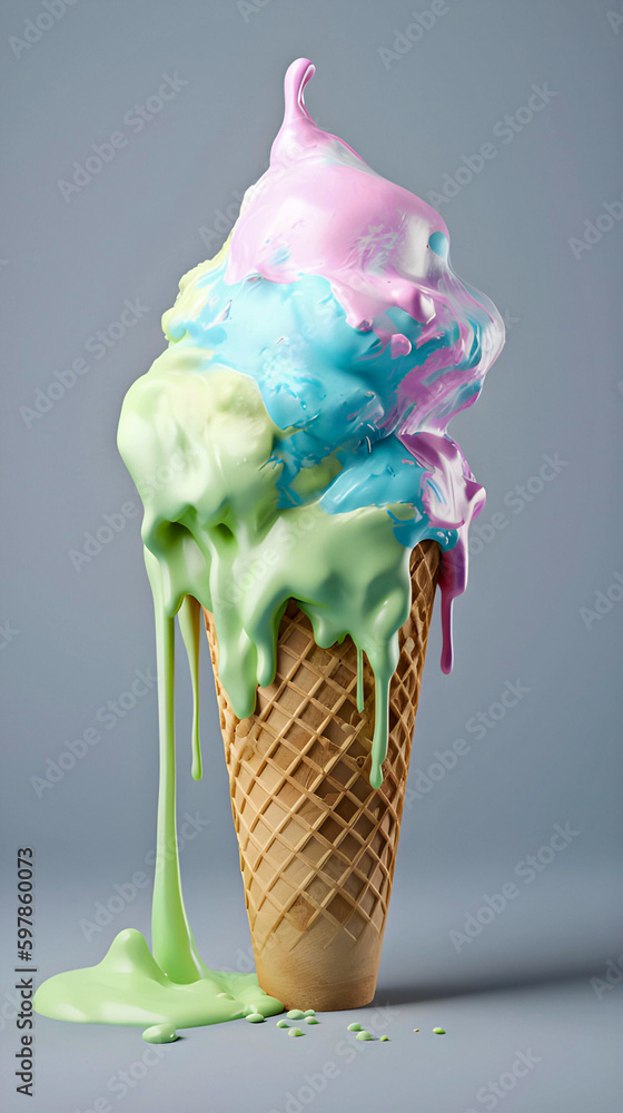 Multi Color Ice Cream In A Cone Ai Generated Illustration Stock