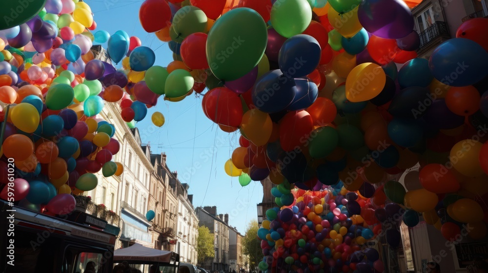 Playful bouncing balls installation on urban street. Generative AI ...