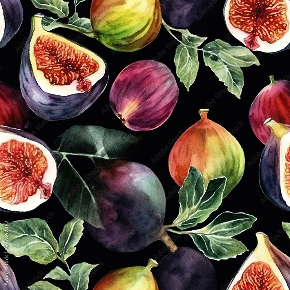 Floral seamless pattern of blue figs fruit and leaves. AI generated ...