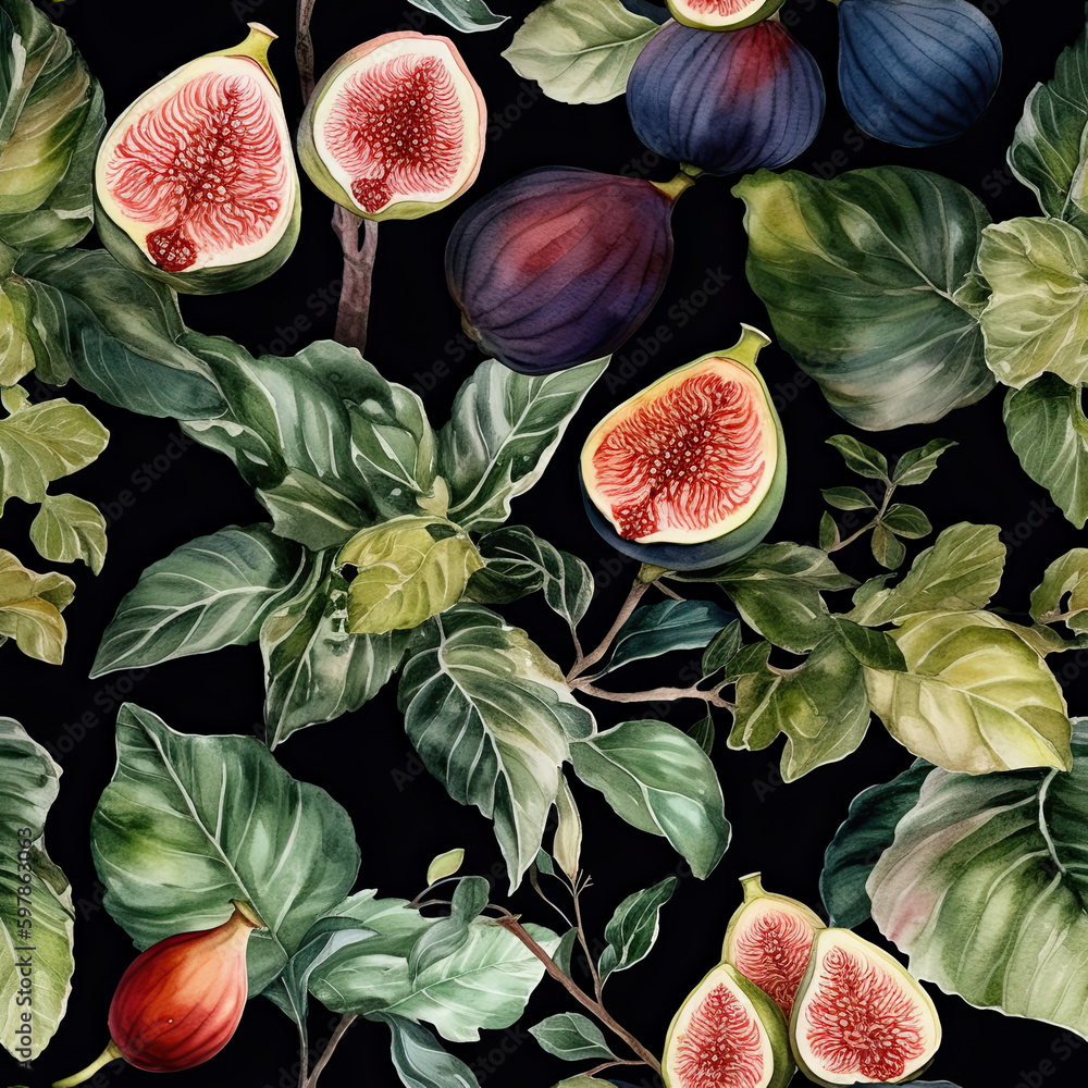 Floral seamless pattern of blue figs fruit and leaves. AI generated ...