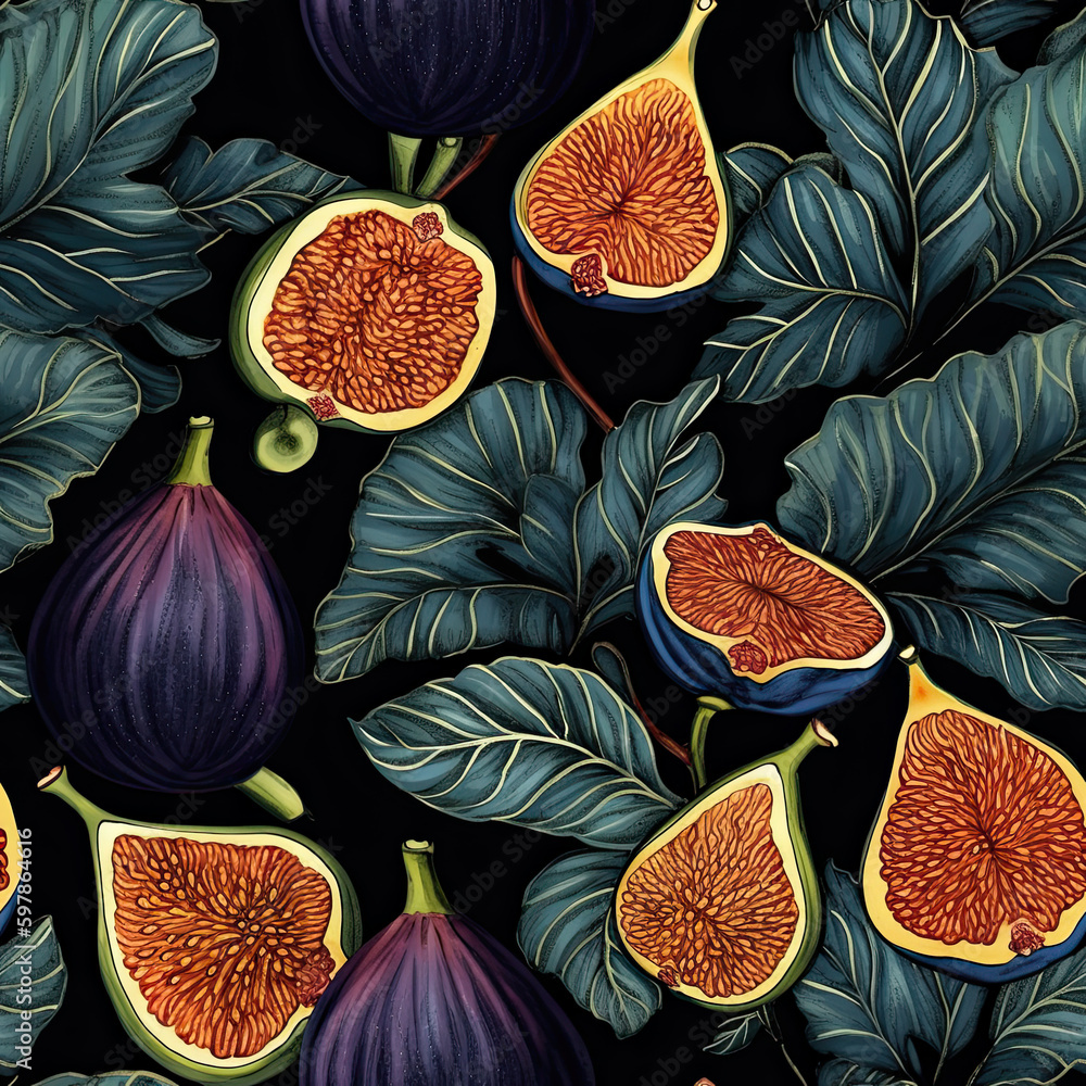 Floral seamless pattern of blue figs fruit and leaves. AI generated ...