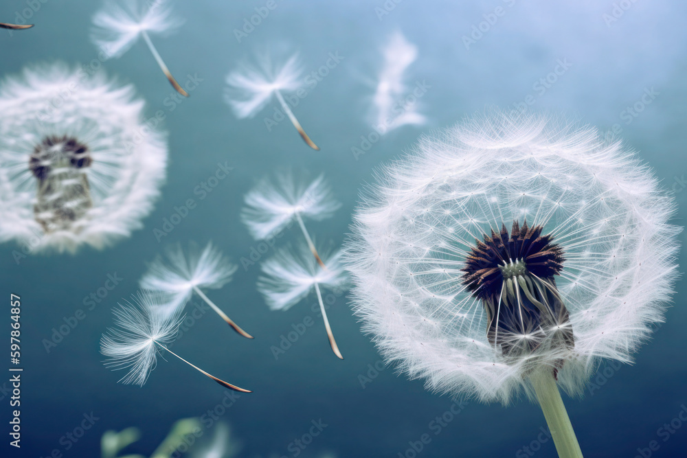 The white fluffy seeds of a dandelion flower gently float and drift ...