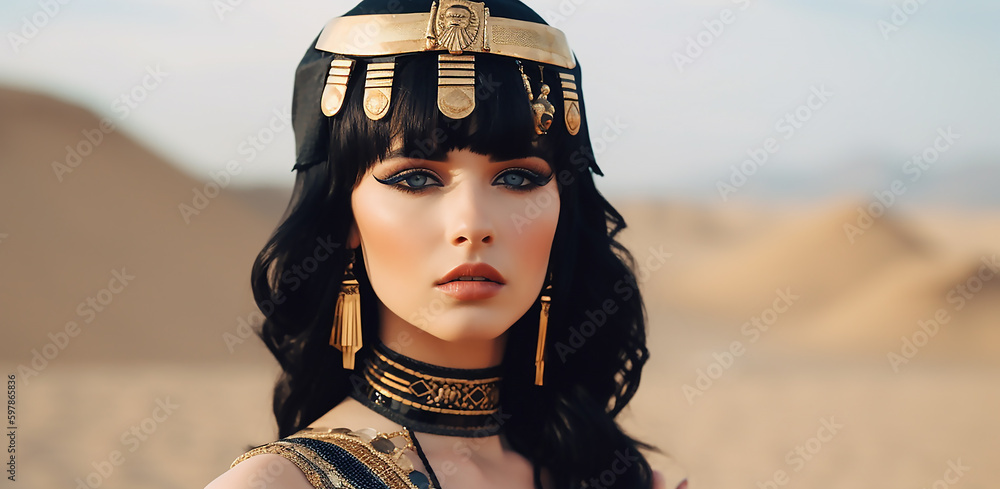 Beautiful girl goddess Cleopatra lies on the yellow sand, Art Pharaoh ...