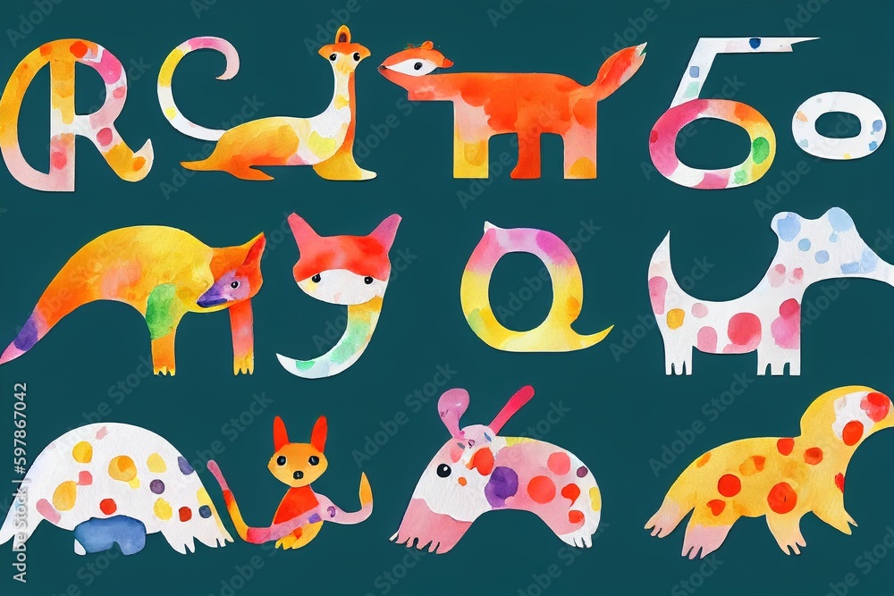 Watercolor style colorful animal alphabet. ABC poster. English alphabet ...