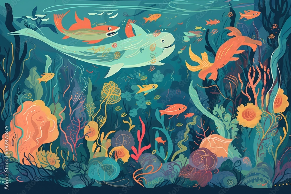 Playful and colorful underwater scene with friendly cartoon sea ...