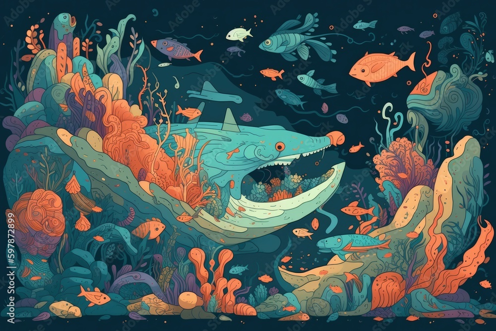 Playful and colorful underwater scene with friendly cartoon sea ...