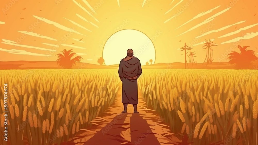 Cartoon, the back of the prophet Joseph walk in a big farm in the ...