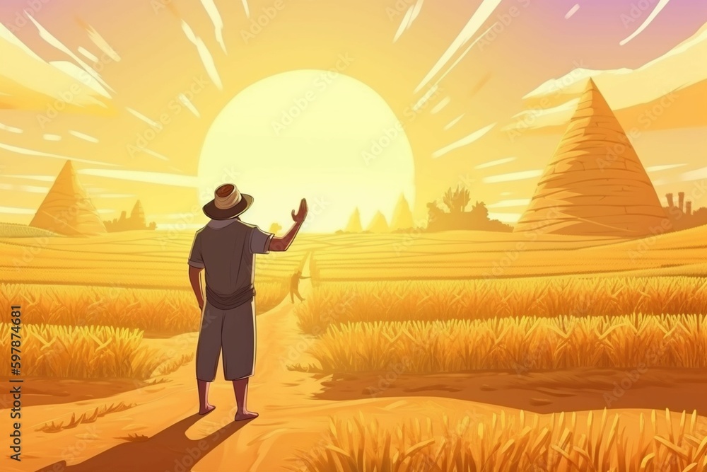 Cartoon, the back of the prophet Joseph walk in a big farm in the ...