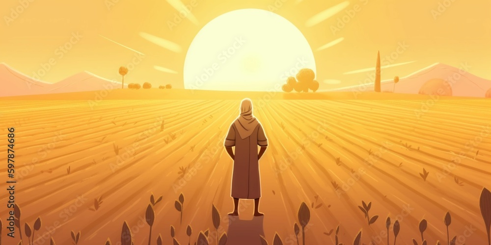 Cartoon, the back of the prophet Joseph walk in a big farm in the ...