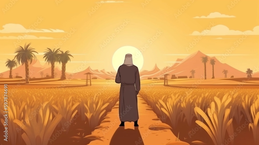 Cartoon, the back of the prophet Joseph walk in a big farm in the ...
