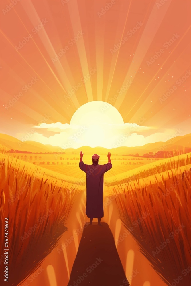 Cartoon, the back of the prophet Joseph walk in a big farm in the ...