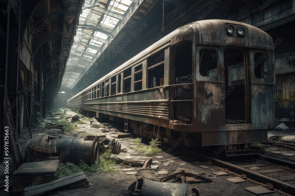 Post-apocalyptic city with abandoned train station and trains ...