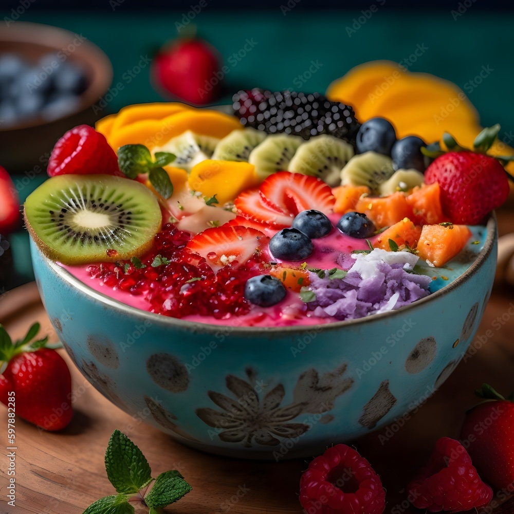 A photo of a colorful and refreshing tropical smoothie bowl shot with a ...