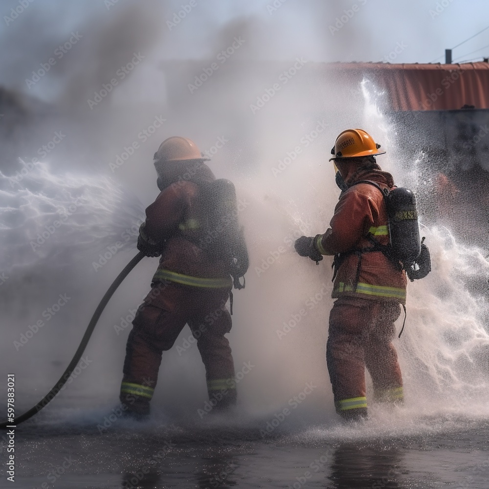 Firefighter Rescue training in fire fighting extinguisher. Firefighter ...