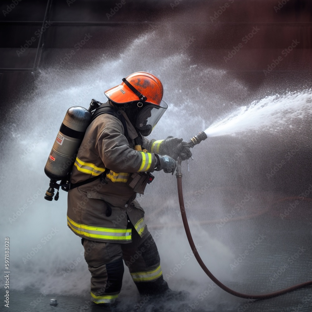 Firefighter Rescue training in fire fighting extinguisher. Firefighter ...