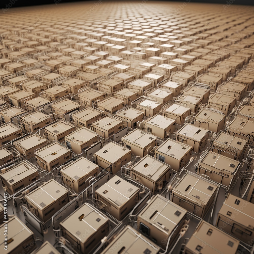 Large group of cardboard boxes connected to microchip. generative AI ...