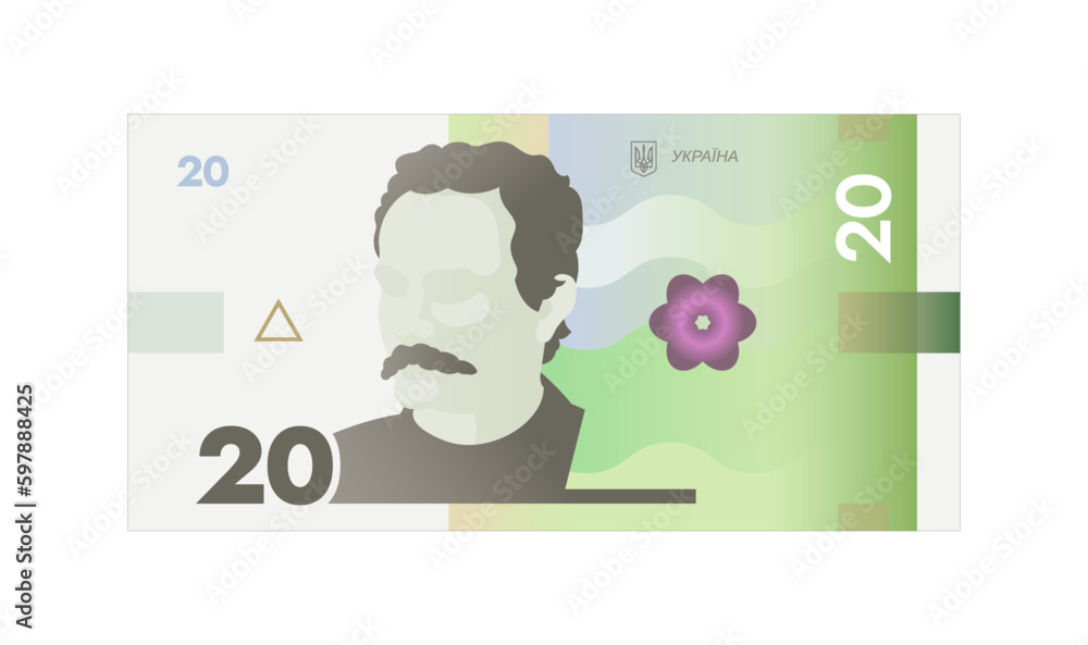 Ukrainian hryvnia vector illustration. Ukrainian 20 UAH banknote ...