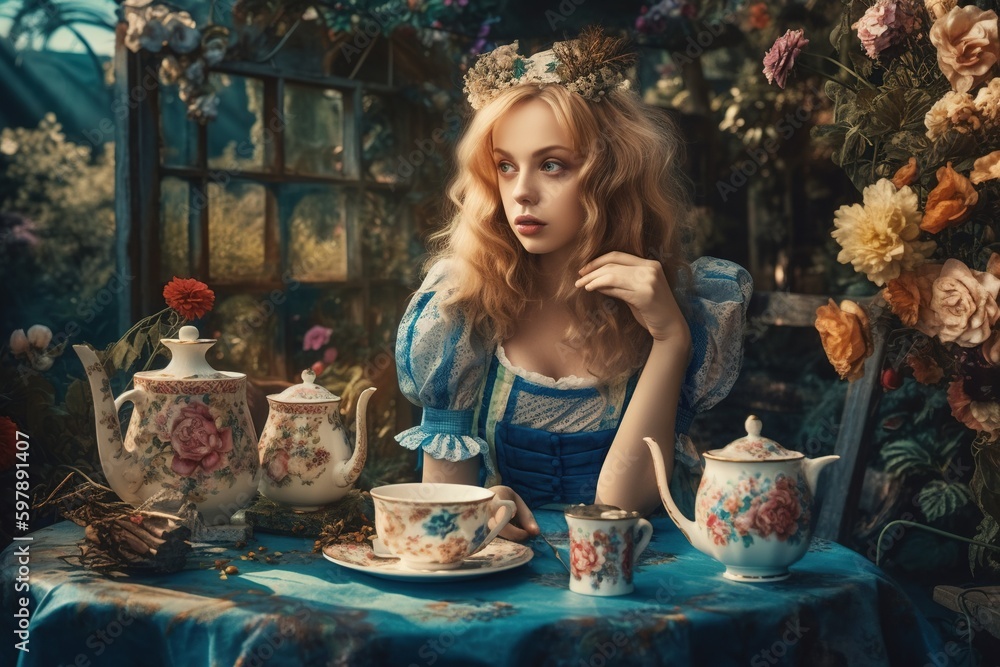 Alice in Wonderland. Cheshire cat white rabbit, Alice in blue dress ...